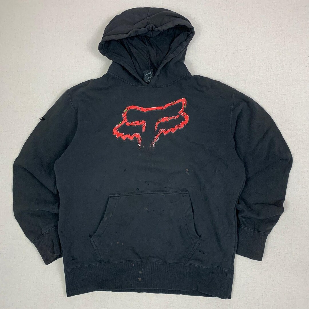 Vintage Distressed Black Red Big Logo Fox Racing Motocross Hoodie ...