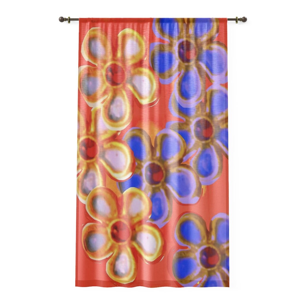 Right Panel, Vintage Look, Retro Sheer Flower Window Curtain, Red ...