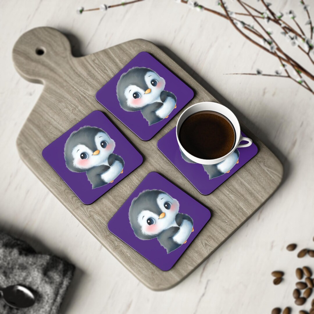 Cute Baby Penguin Coaster | Round Cork Drink Coaster, Kawaii Animal ...