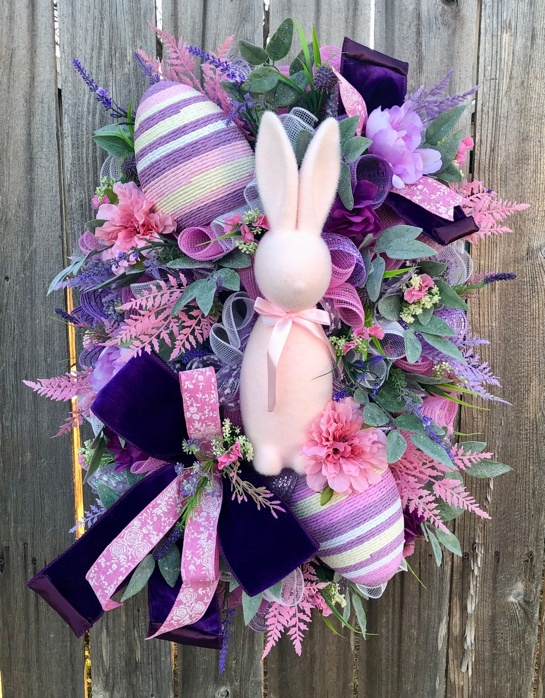 Purple Pink Spring Easter Wreath Easter Egg Wreath Pink Flocked Bunny ...