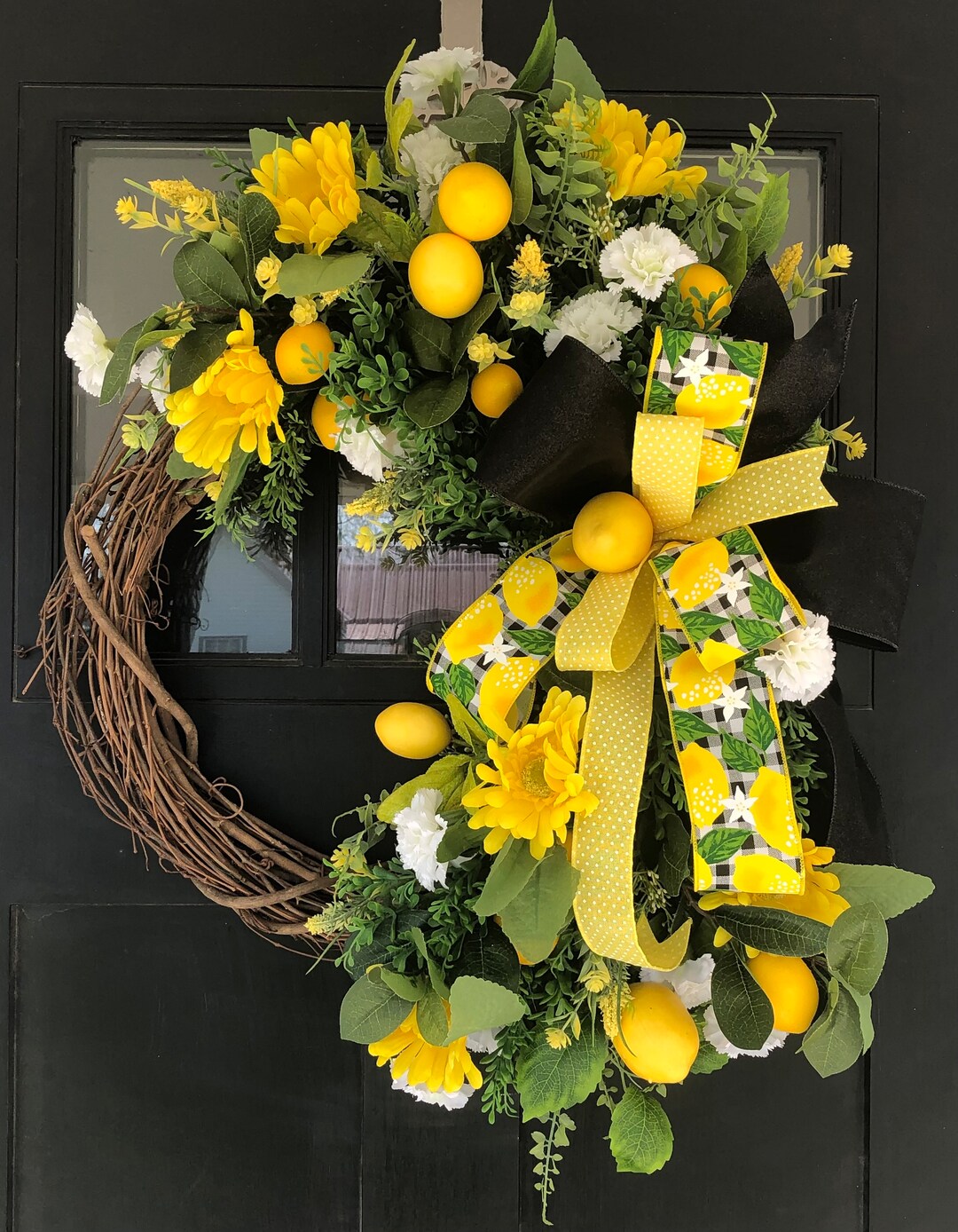 Lemon Grapevine Wreath Lemon Carnation Wreath Yellow Black Wreath ...