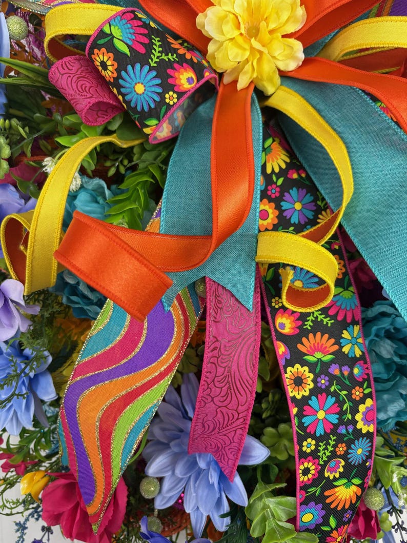 Colorful Spring Summer Floral Wreath With Oversized Bow – Vibrant ...