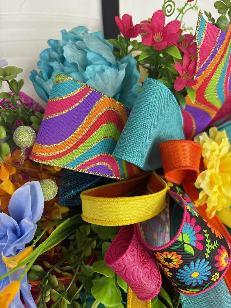 Colorful Spring Summer Floral Wreath With Oversized Bow – Vibrant ...