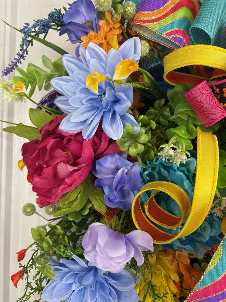Colorful Spring Summer Floral Wreath With Oversized Bow – Vibrant ...