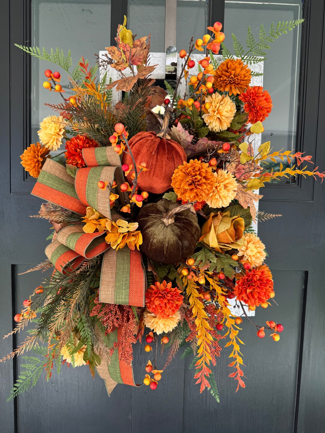 Window Pane Wreath Orange Rustic Fall Wreath Pumpkin Wreath Orange ...