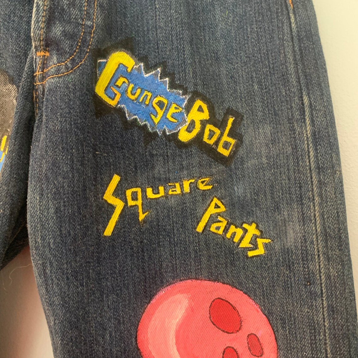 Hand Painted Jeans Pink Jellyfish and Sponge Cartoon - Etsy