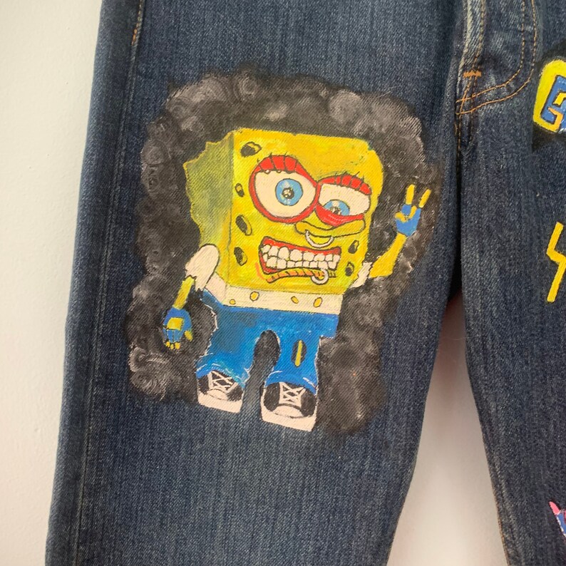 Hand Painted Jeans Pink Jellyfish and Sponge Cartoon - Etsy