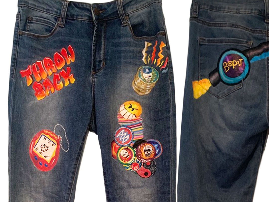 90S GAME THEME Hand Painted Jeans With Pogs, Bop It and Tamagotchi, One ...