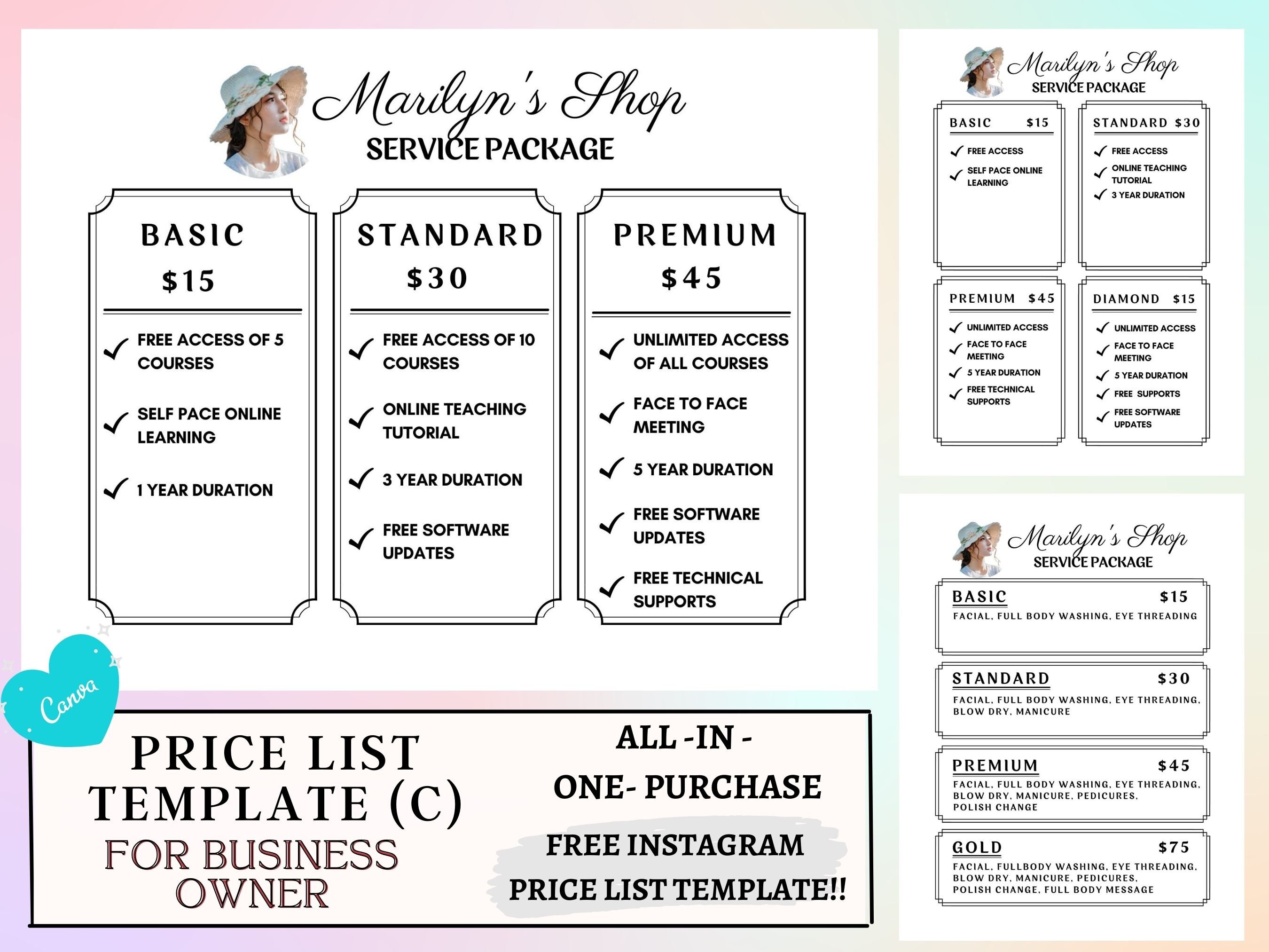 Service Package Price List Template Suitable For Those Who Etsy