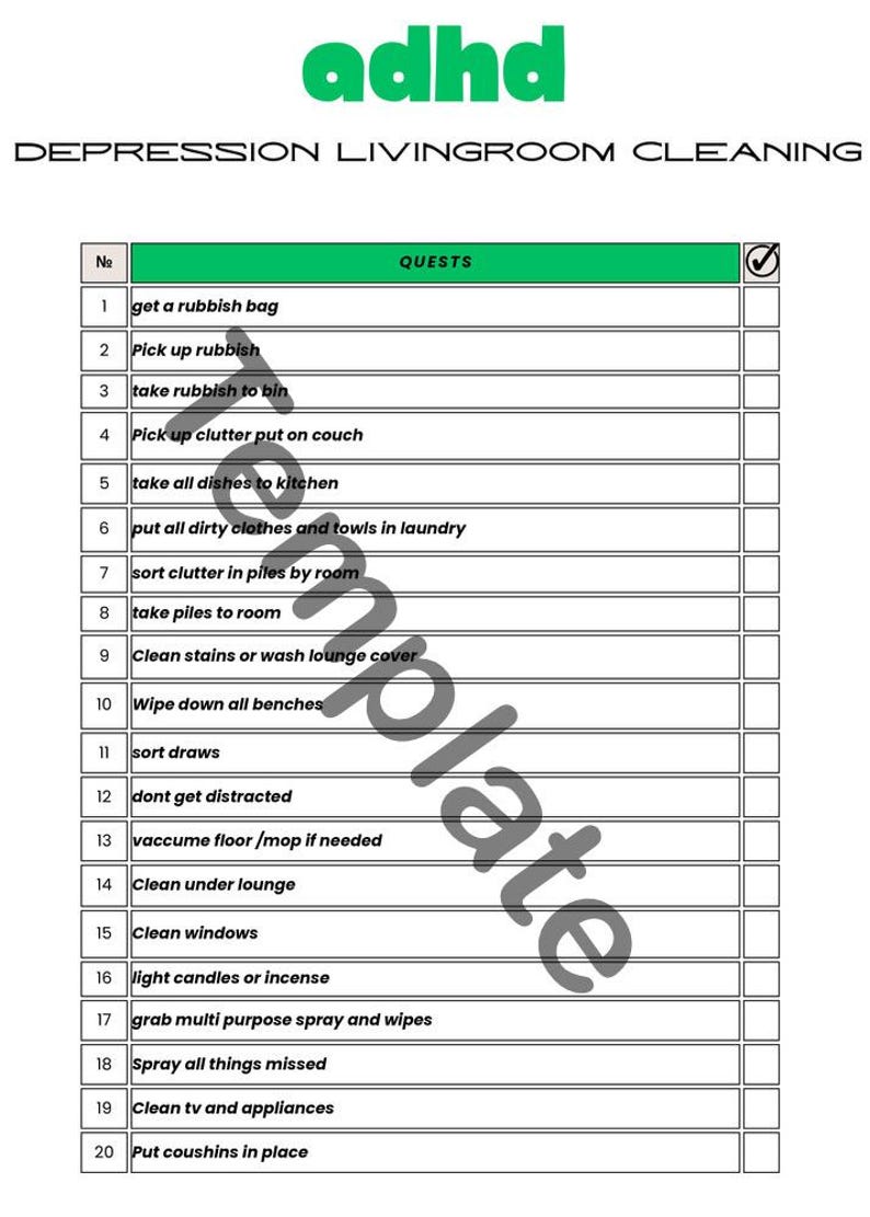 ADHD Depression Cleaning Checklist Kitchen Bathroom Living Room Bedroom ...