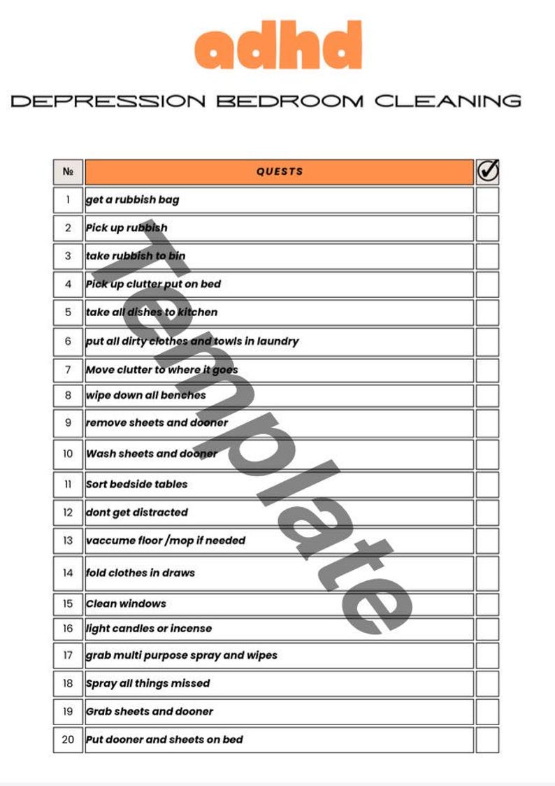 ADHD Depression Cleaning Checklist Kitchen Bathroom Living Room Bedroom ...