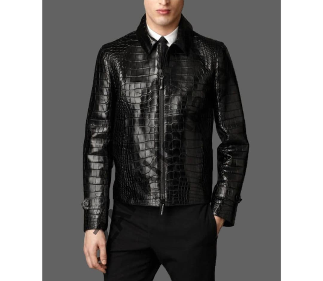 Men's Real Leather Crocodile Embossed Jacket Biker Black Alligator Print Jacket Personalized ...