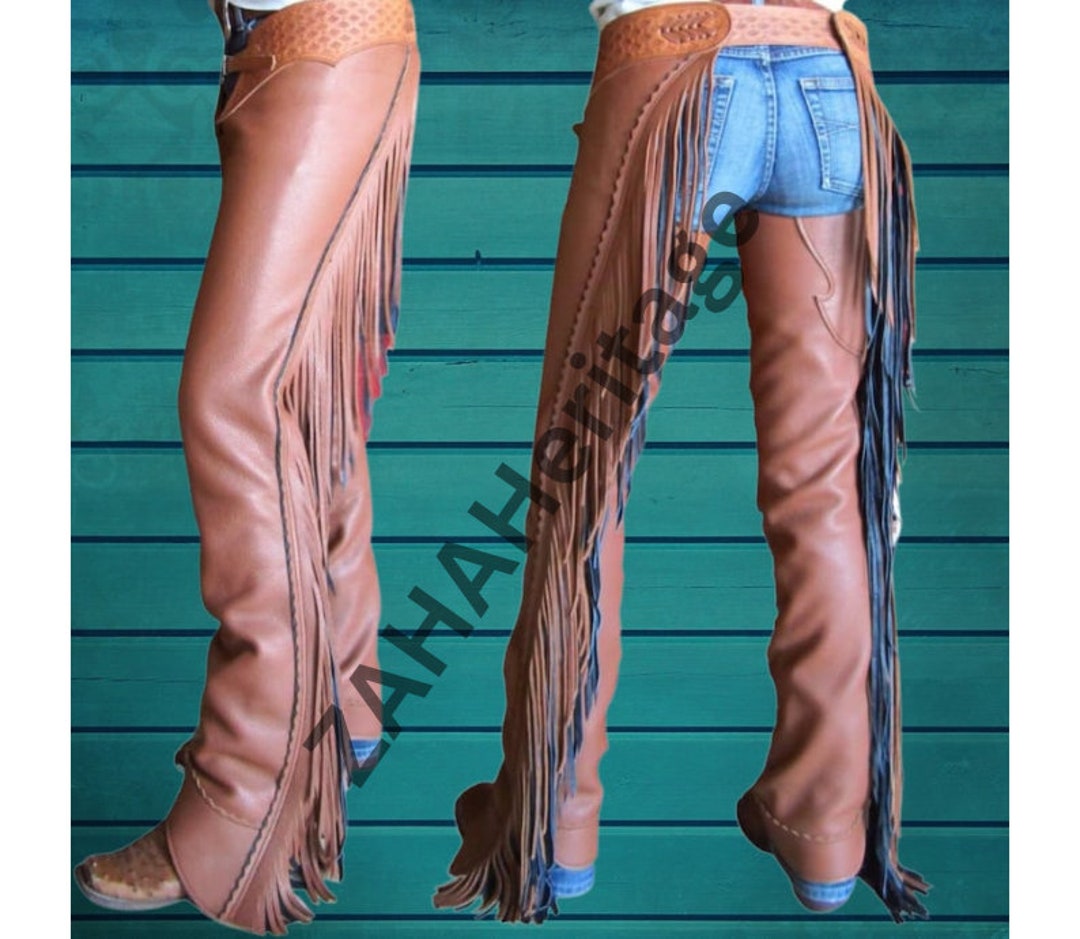 2024 Western Shotgun Fringed Full Chaps Real Suede Leather Handmade for ...
