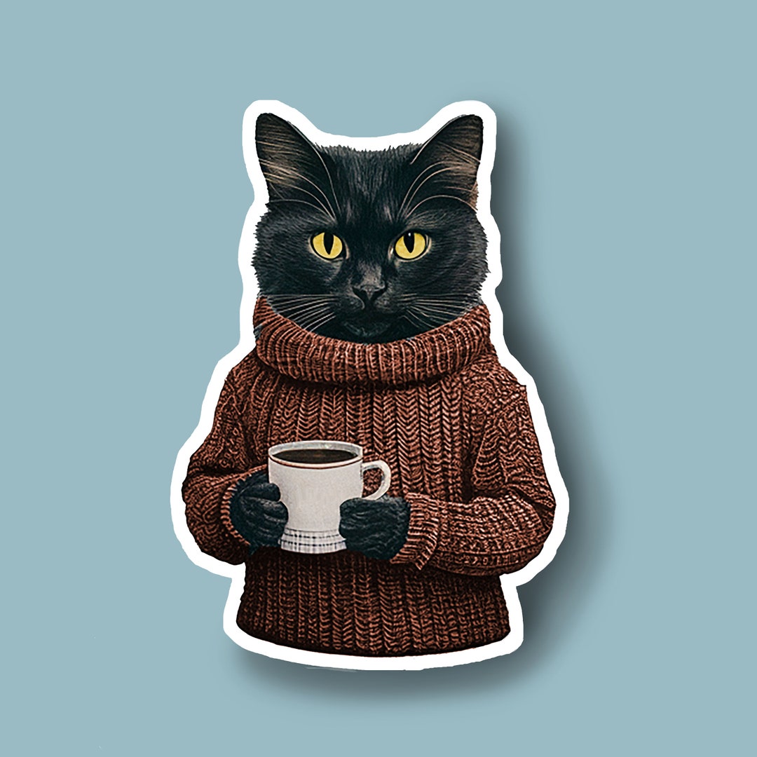 Coffee Cat Sticker, Sweater Cat, Cozy, Cat Lover Stickers, Black Cat - Etsy