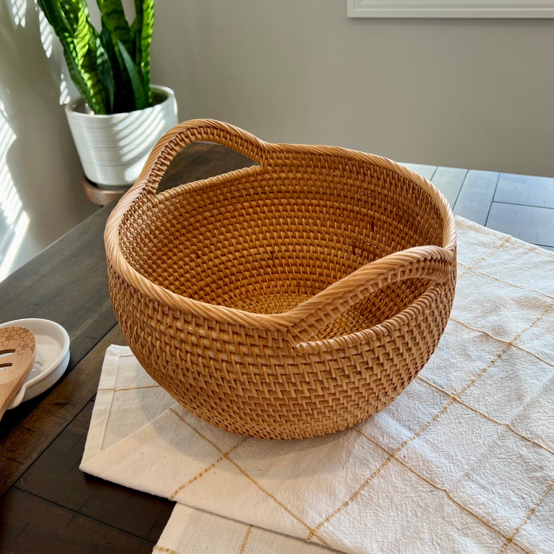 Rattan Round Woven Basket With Handles Onion Potato Bin Food Storage ...