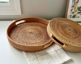 Round Rattan Tray, Extra Large With Handles 16.9 Inch for Coffee Table ...