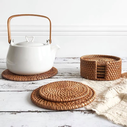 Set of 6 Rattan Coasters With Holder Wicker Heat Resistant - Etsy