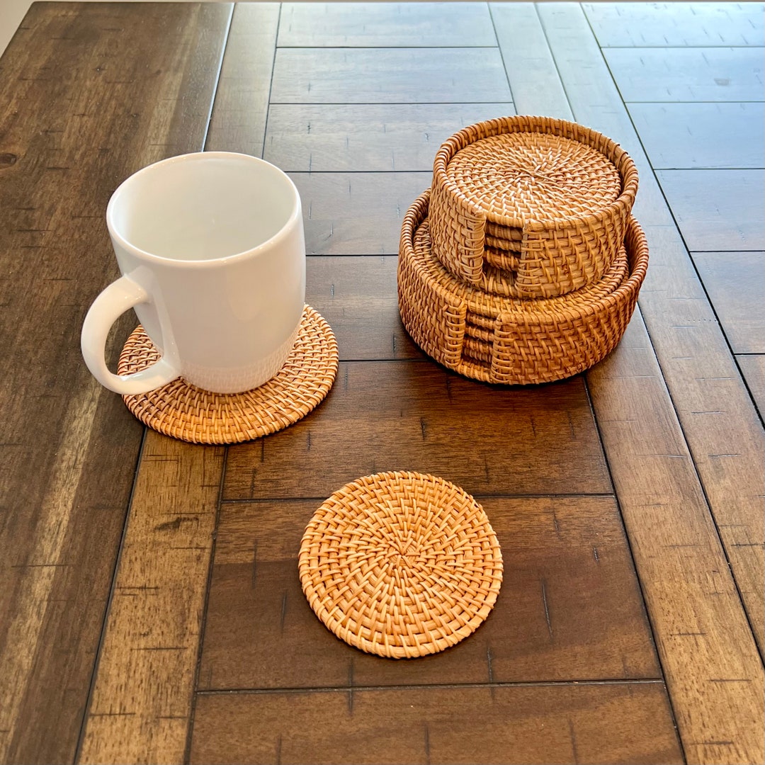 Rattan Coasters + Holder Gift Set for Mom 4 5 Inch Rattan Coasters Set ...