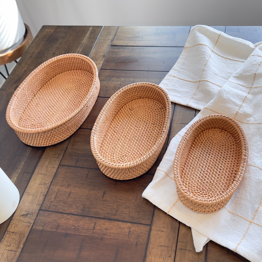 Rattan Woven Basket Gift Wooden Bread Serving Tray Set Oval Valet ...