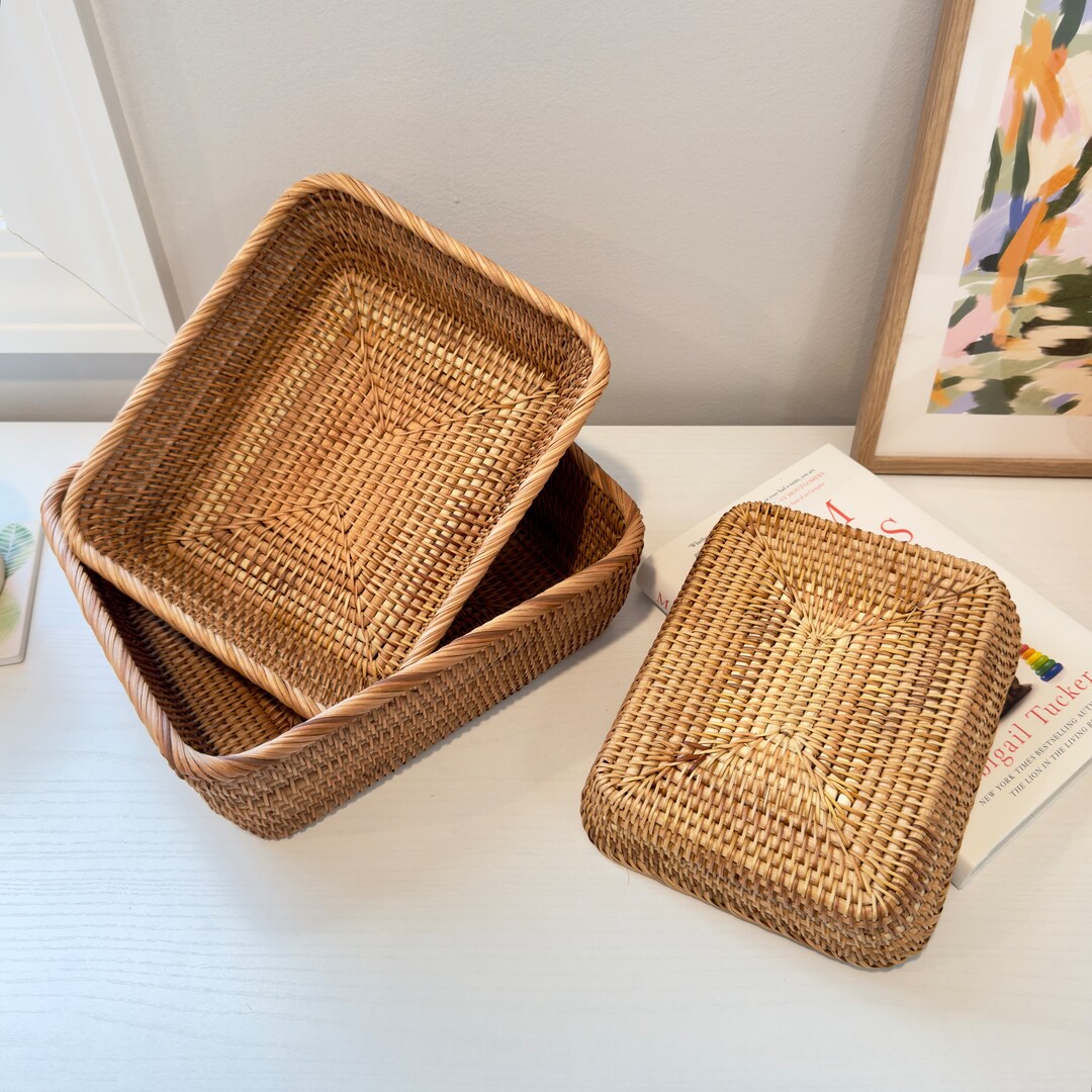 Handmade Rattan Baskets Set Rectangle Woven Fruit Wood Trays for Home ...