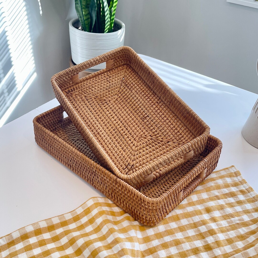 Large Rectangular Basket With Handle Rattan Woven Bread Storage Baskets ...