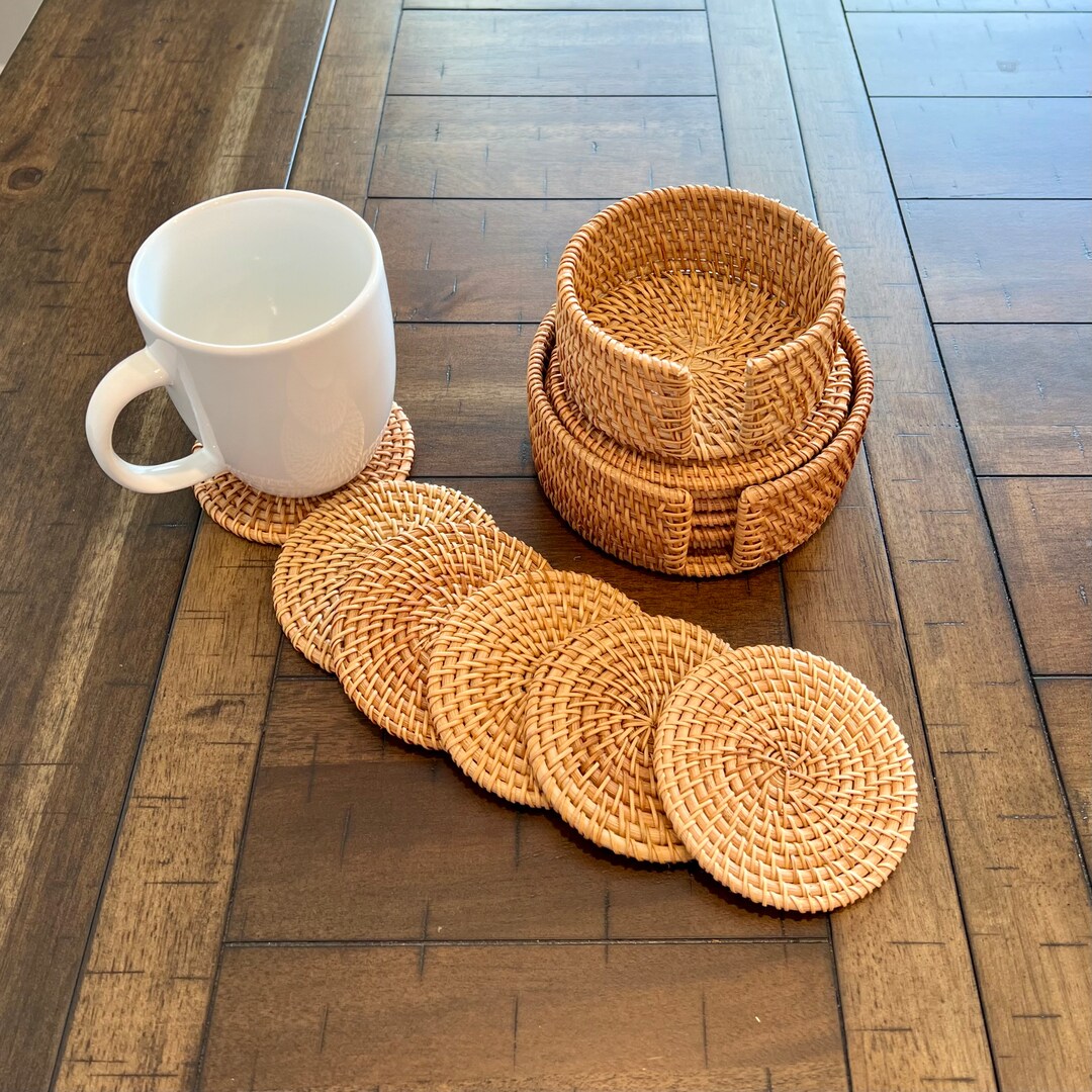 Rattan Coaster Set of 6 With Holder 4 Inch 5 Inch Coasters for Coffee ...