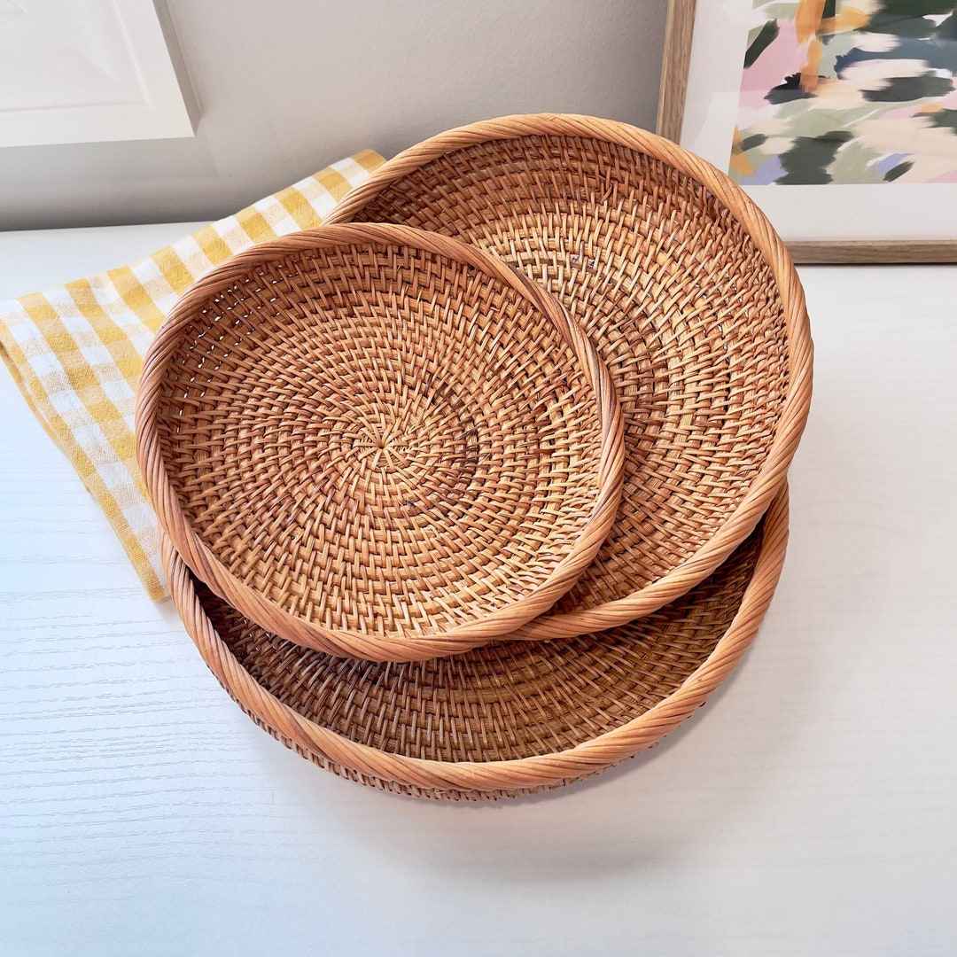 Rattan Basket Centerpiece Small Round Shallow Basket Set Gift Wood ...