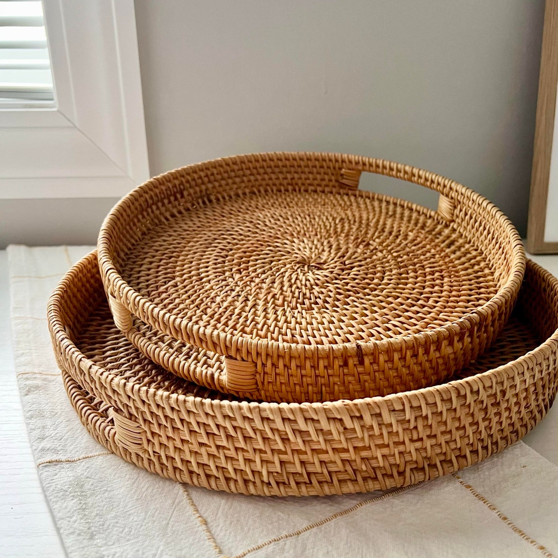 Woven Ottoman Serving Trays With Handles Decorative Wooden Coffee Table ...
