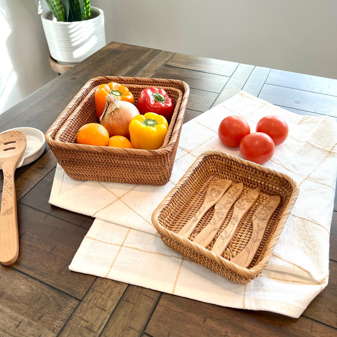 Handwoven Storage Basket & Tray Set of 3 Wicker Rectangular Basket for ...