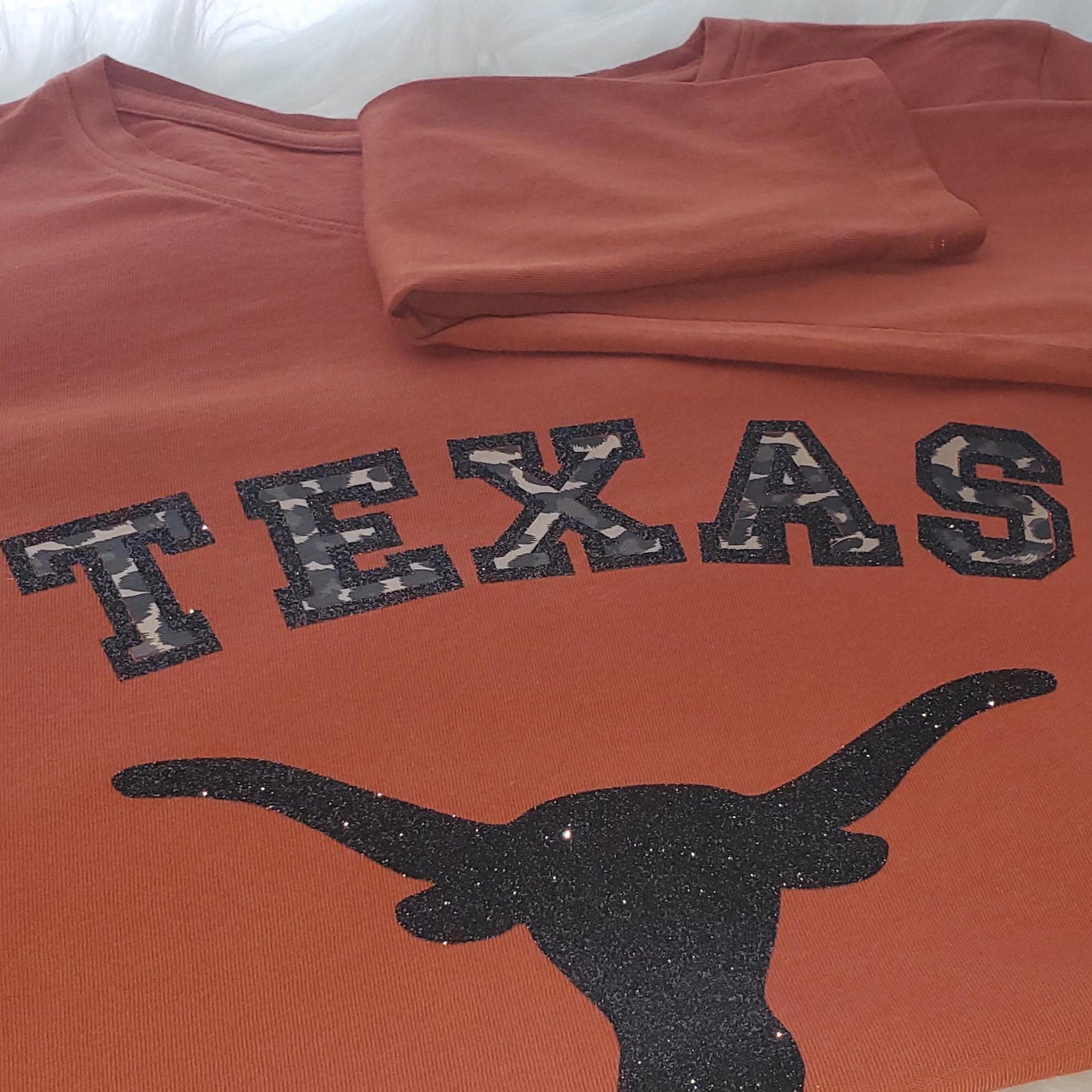 Handmade Texas Longhorn Tee: Burnt Orange Camo With Black Glitter ...