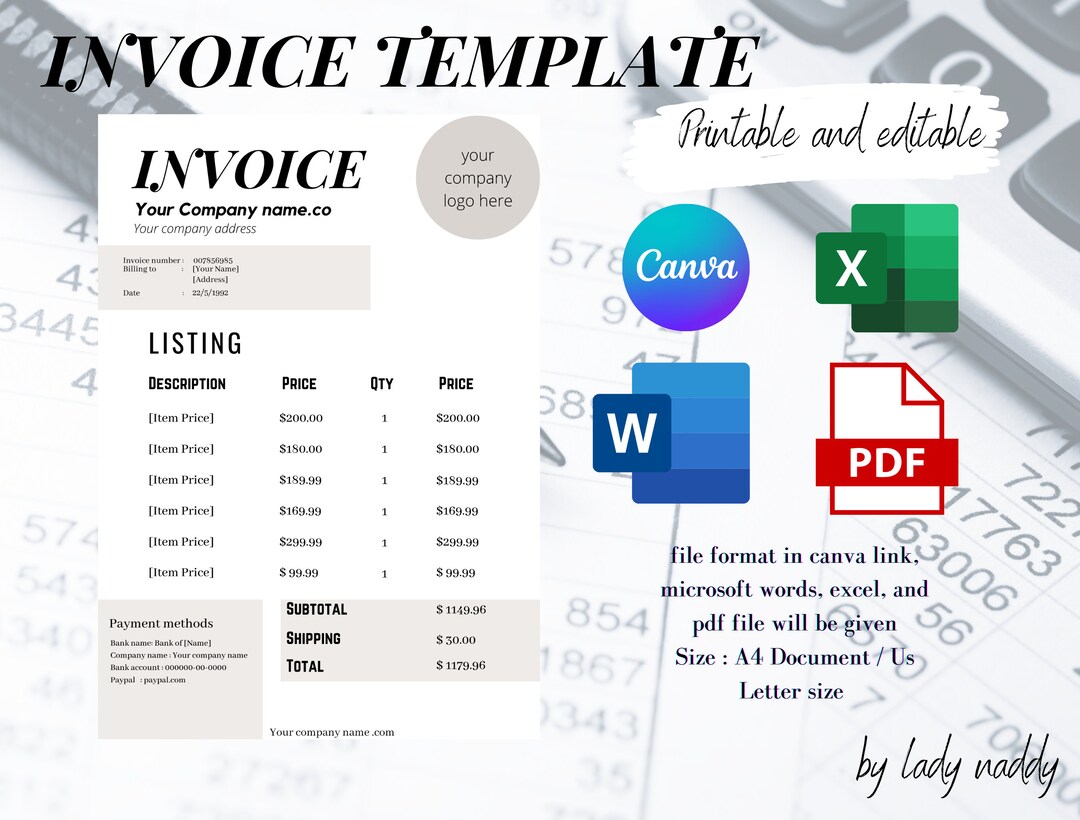 Invoice Template for Company Business, Digital Invoice Form Editable ...
