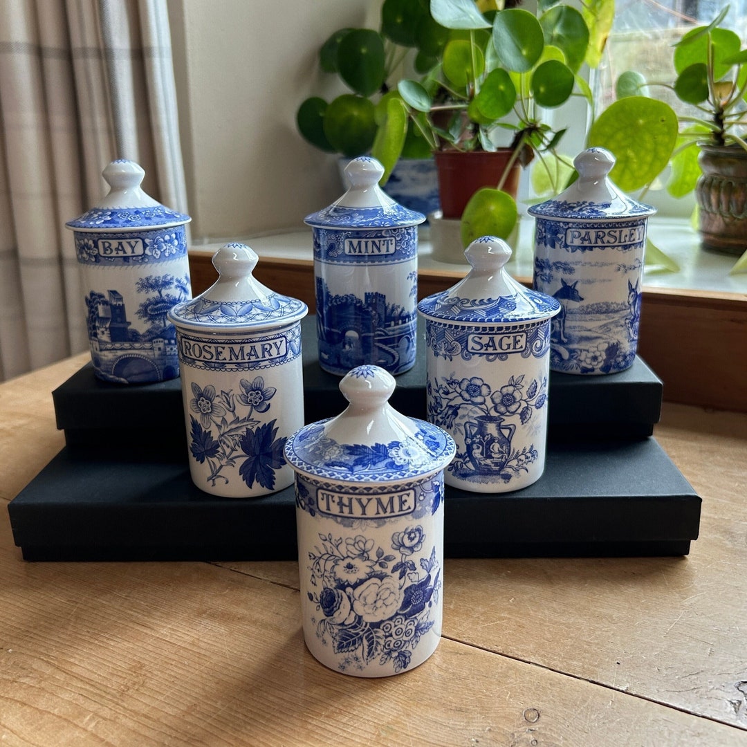 Vintage Spode Blue Room Collection Set of Six Spice Jars H11cm, England ...