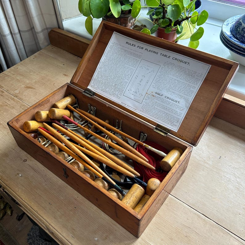 Antique Victorian Table Croquet Set Parlour Game in Pine Box W39cm ...