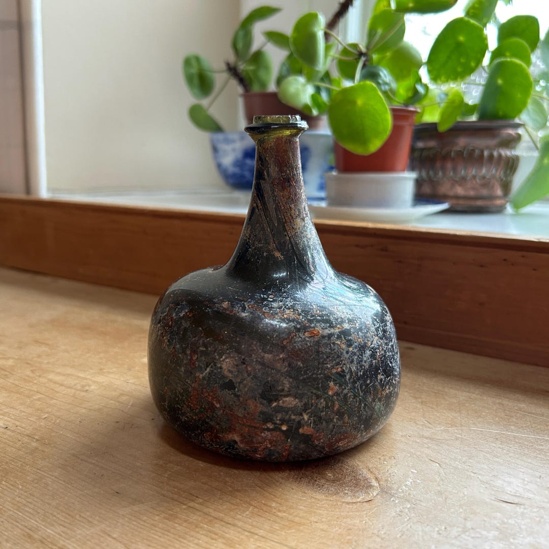 Early Glass Spirit or Wine Bottle, England Antique Before 1600 Medieval ...
