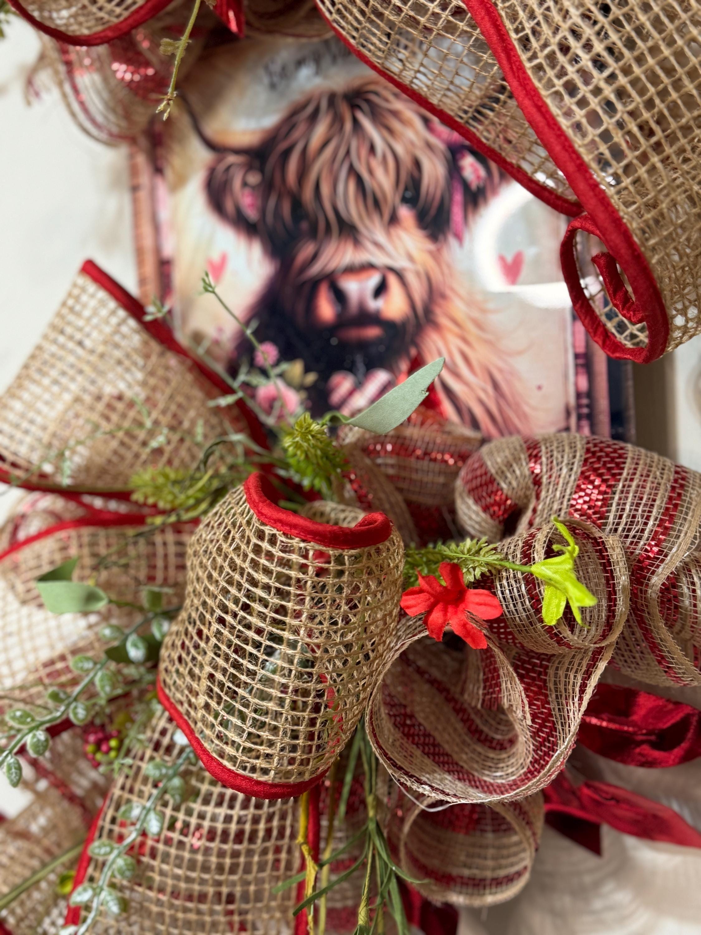 Valentine’s Day Cow Swag Wreath, Rustic Front Door Décor, Burlap and ...