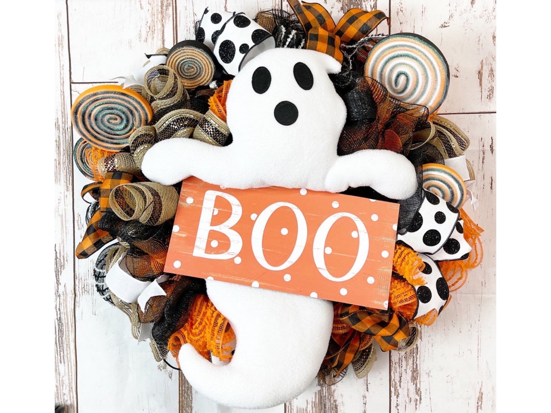 Halloween Ghost Wreath for Front Door , Whimsical Spooky Ghost Home ...