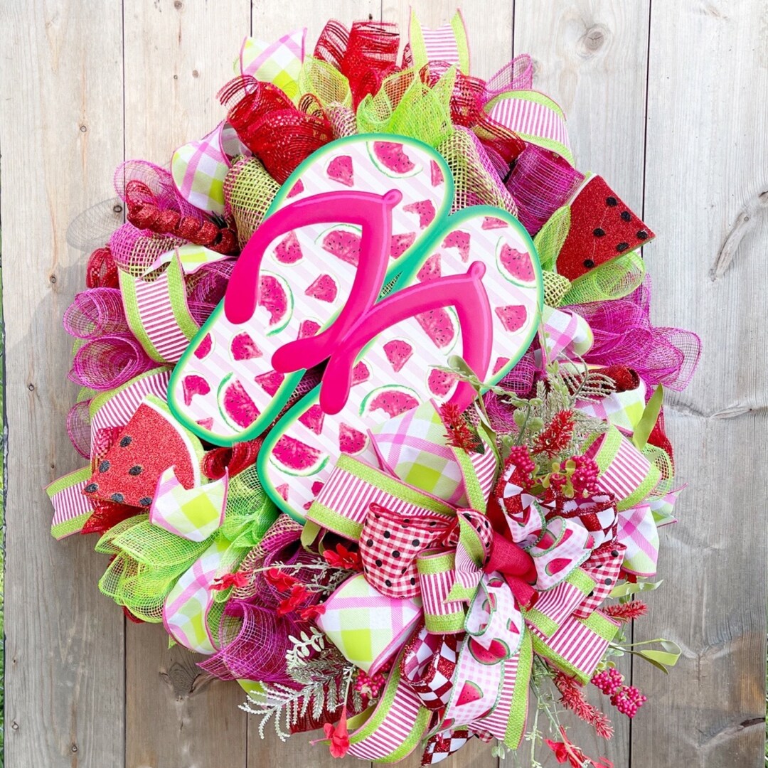 Summer Watermelon Flip Flop Wreath for Front Door, Summer Fruit Home ...