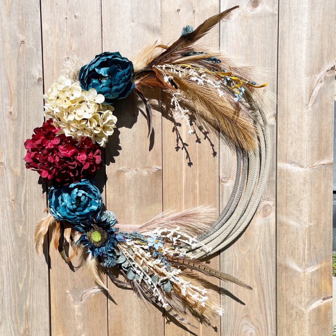 Lasso Rope Hydrangea Boho Wreath for Front Door, Pampas Grass Boho Rope ...