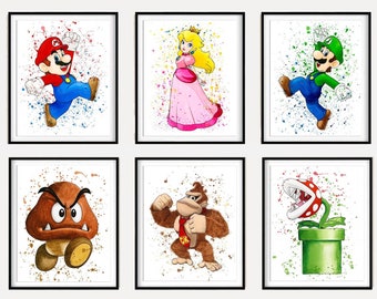 Set 6 Super Mario Download Print, Mario Watercolor Art Poster for Kids ...