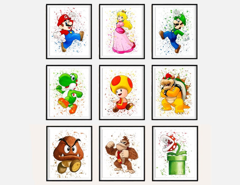 Set 9 Super Mario Download Print Mario Watercolor Art Poster - Etsy