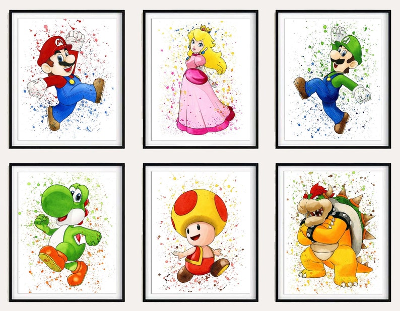 Set 6 Super Mario Download Print, Mario Watercolor Art Poster for Kids ...