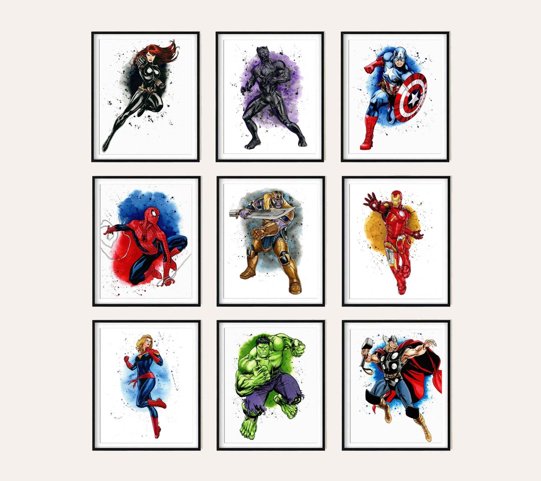 Set 9 Superheroes Download Watercolor Print, Digital Superhero Poster ...