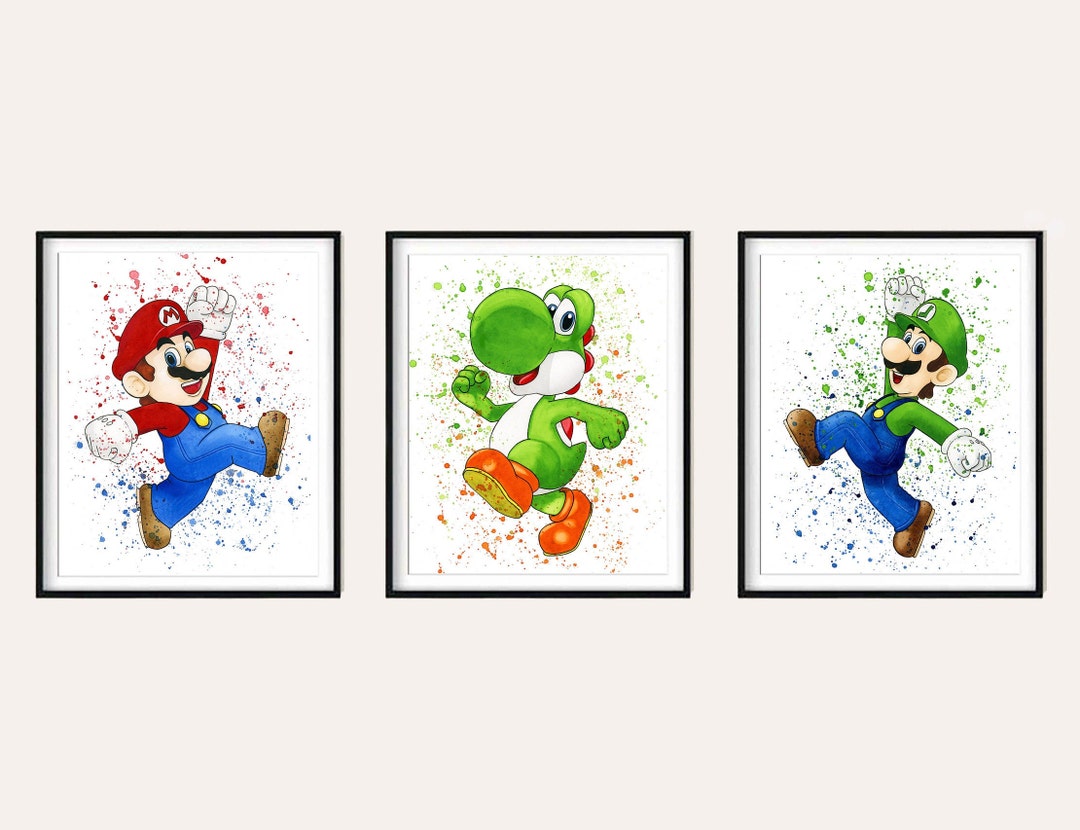 Set 3 Super Mario Download Print, Mario Watercolor Art Poster for Kids ...