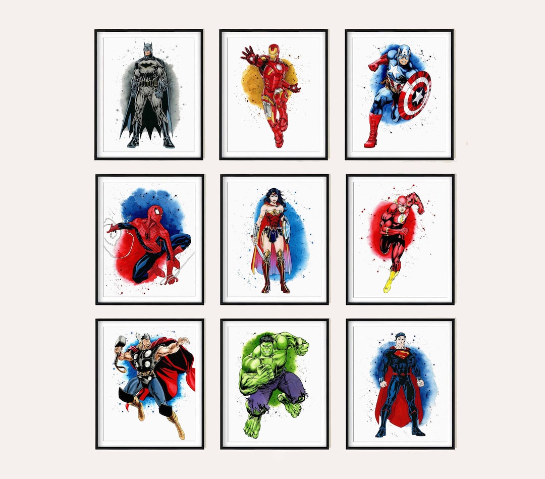 Set 9 Superhero Download Watercolor Print, Digital Superhero Poster ...