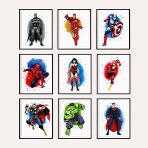 Set 9 Superhero Download Watercolor Print, Digital Superhero Poster ...