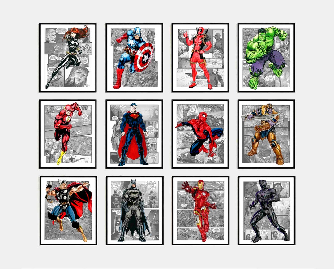 Set 12 Superhero Download Print, Black and White Background Digital ...
