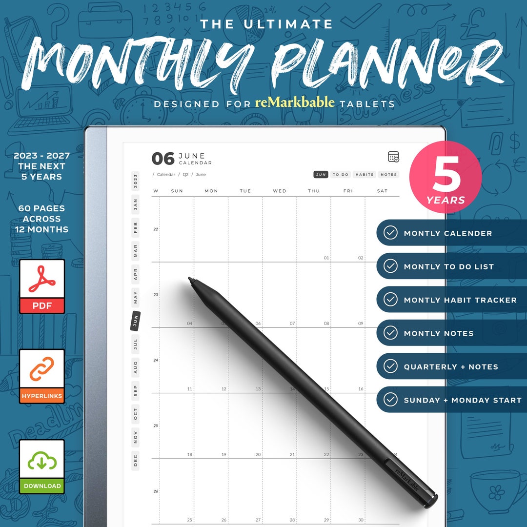 2024 to 2029. 5 Years Monthly Planner for Remarkable Tablets Remarkable ...