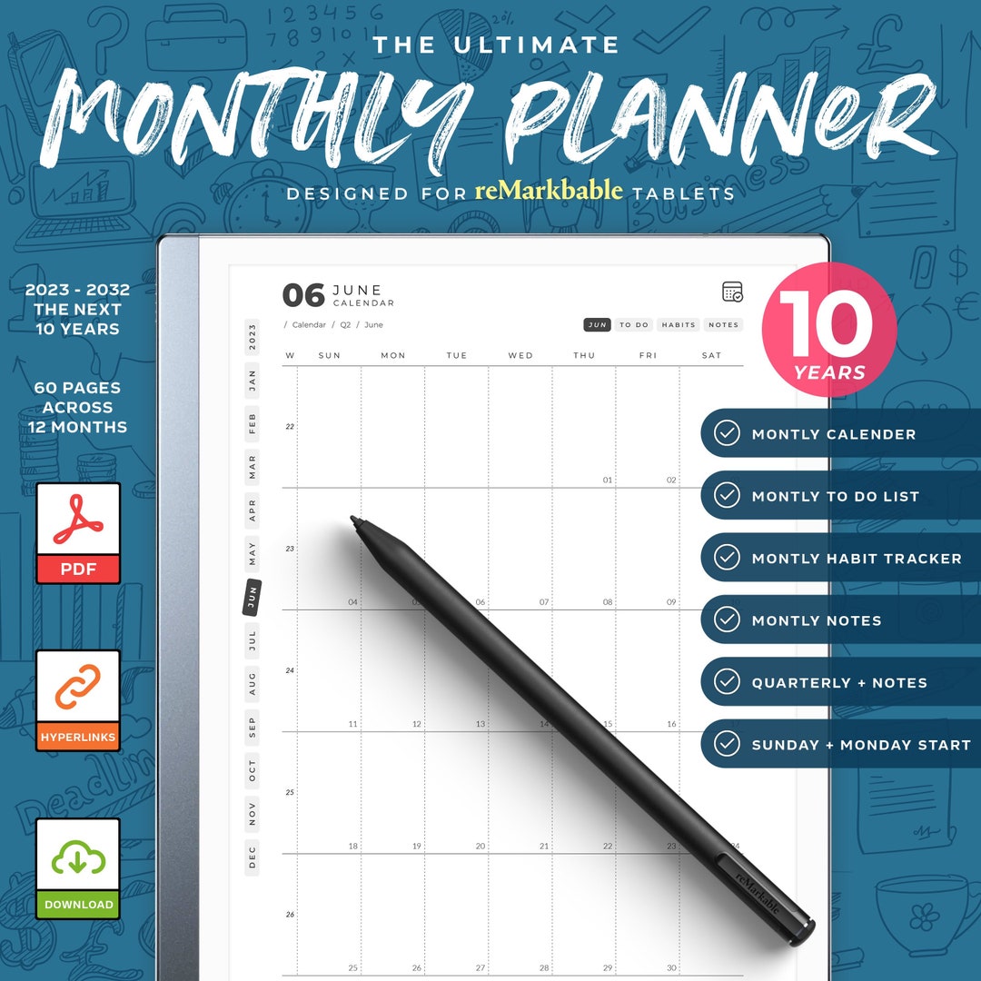 2025 to 2034. 10 Years Monthly Planner for Remarkable Tablets ...