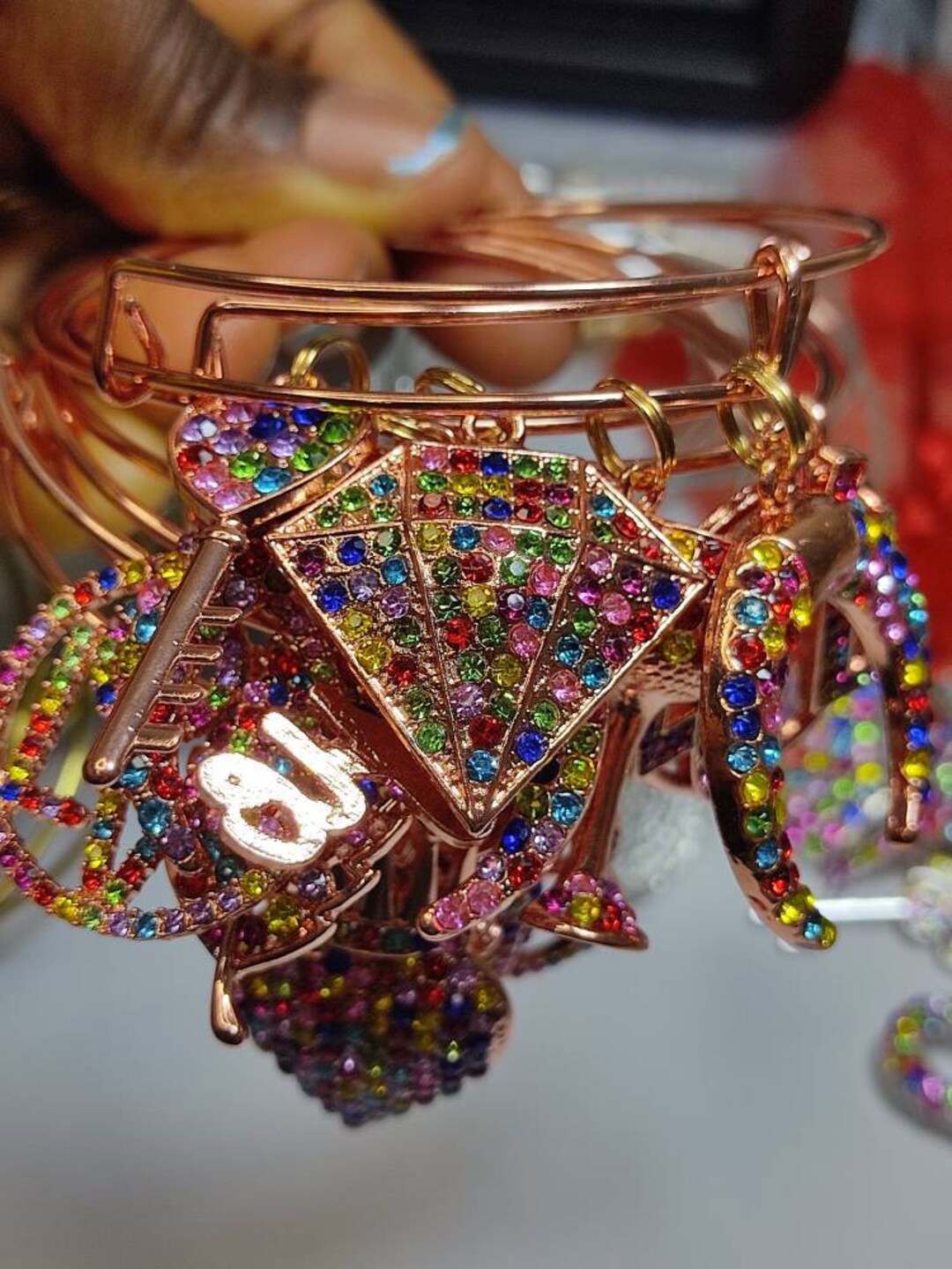 Rose Gold Bling Bangles With Rainbow Bling Charm - Etsy