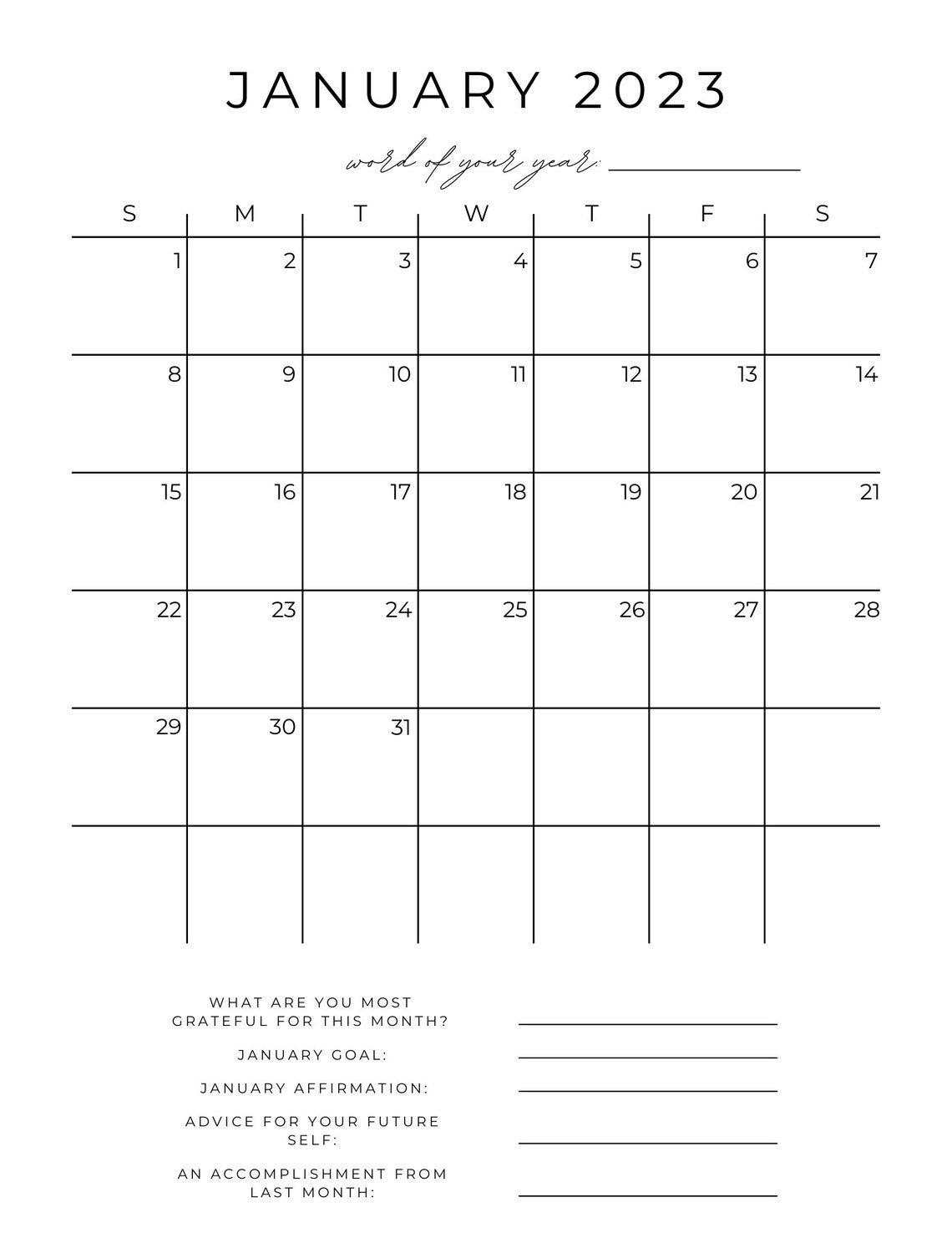2023 12 Month Printable Calendar - Etsy